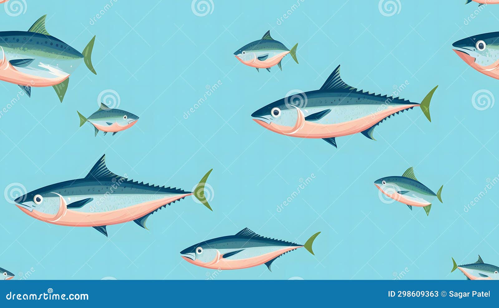 Tuna Fish Seamless Pattern on a Blue Background Stock Illustration ...