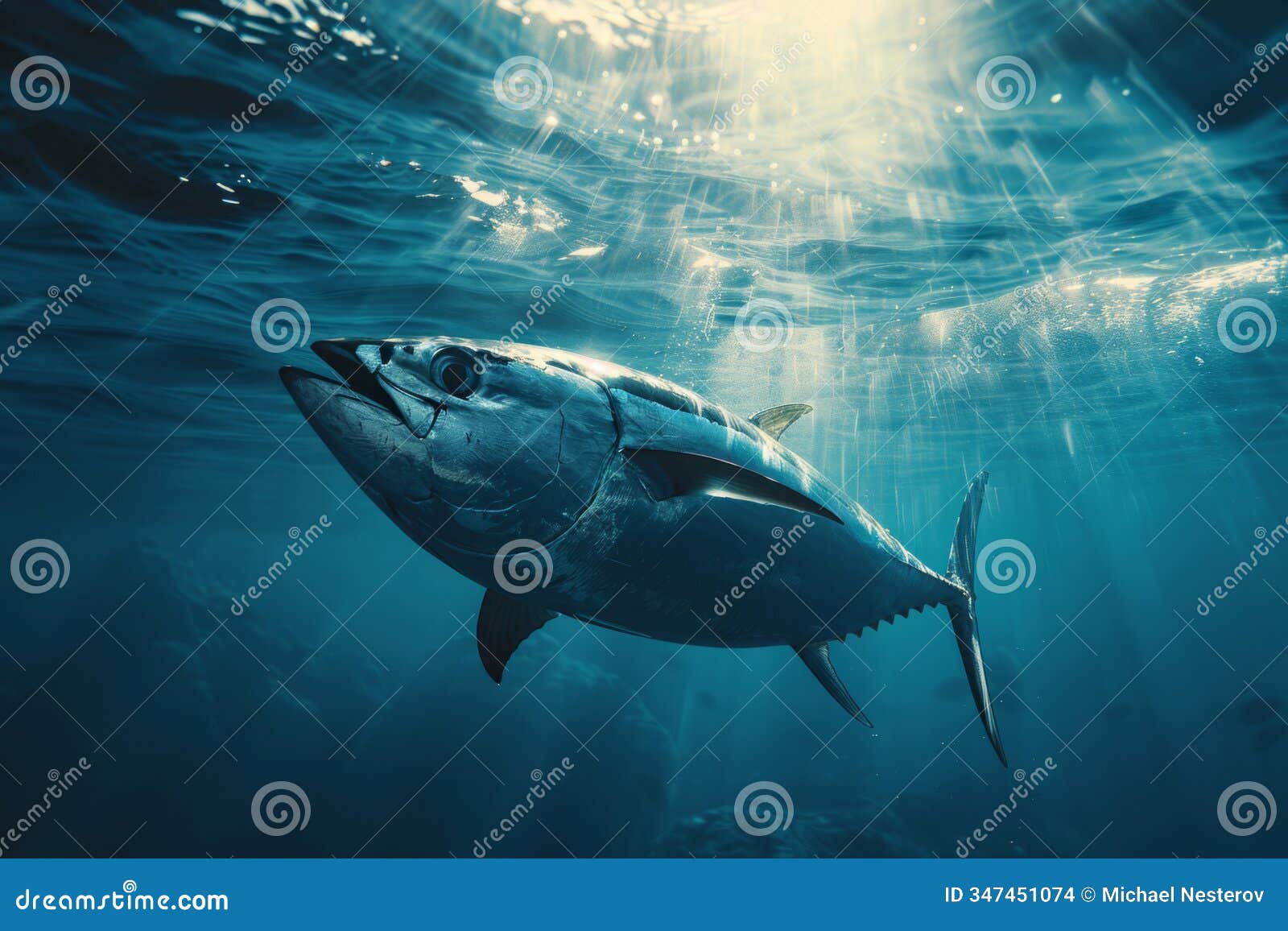 Tuna Fish Swimming in Ocean Underwater Stock Photo - Image of undersea ...