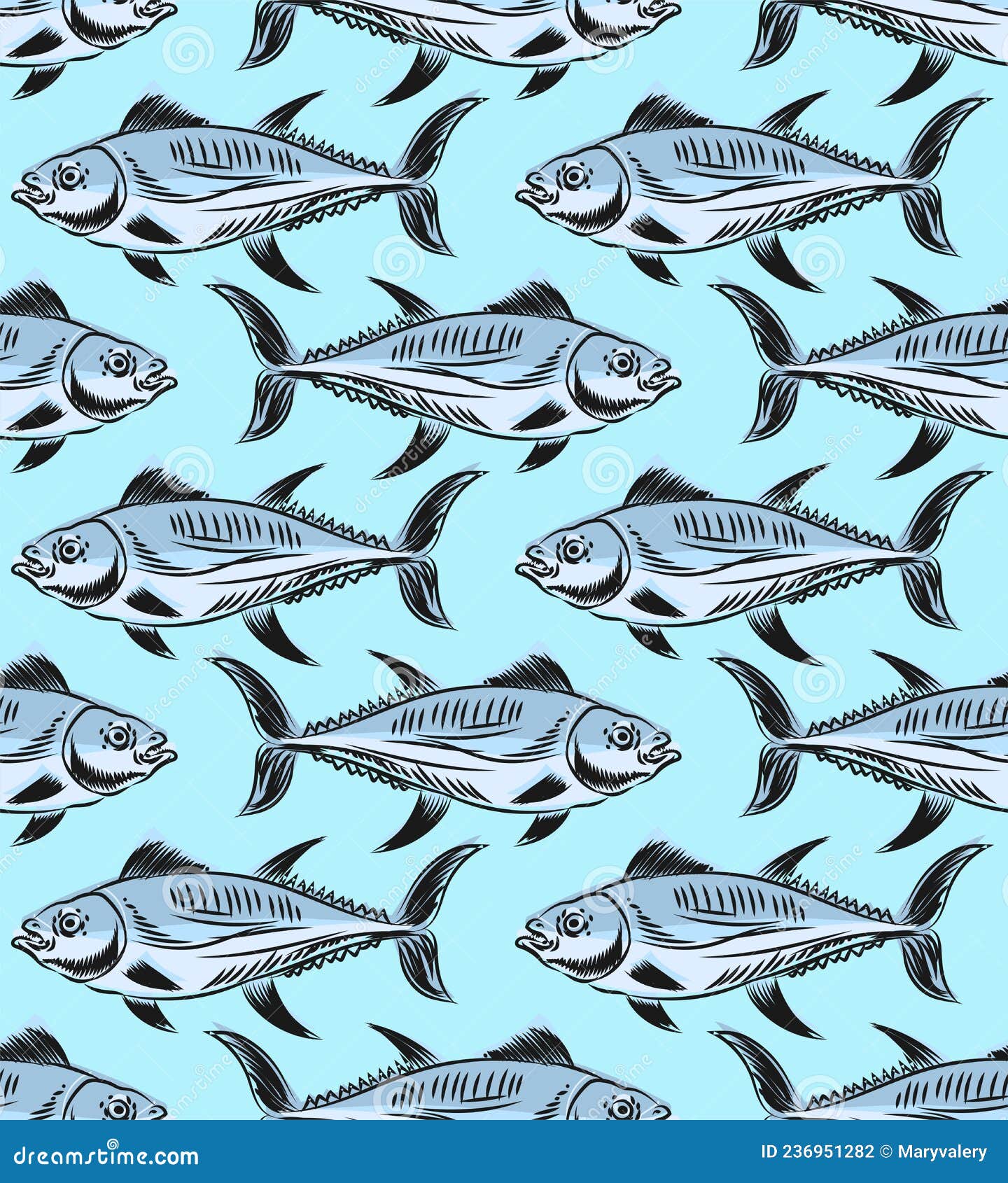Tuna Hand Drawing Engraving Pattern Seamless. Tunny Seafood Fish ...