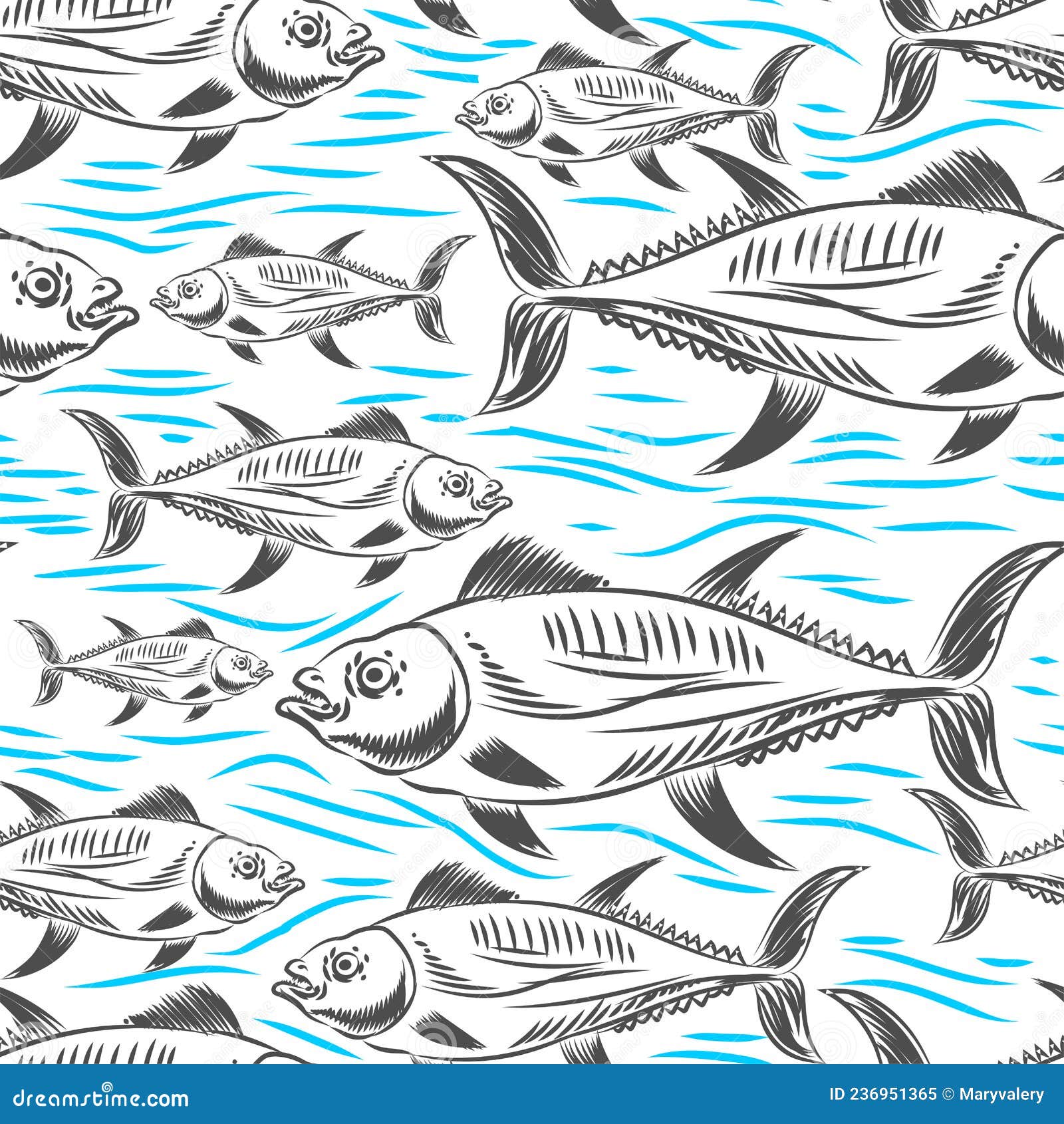 Tuna Hand Drawing Engraving Pattern Seamless. Tunny Seafood Fish ...