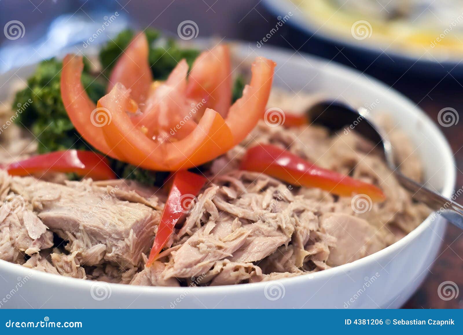 Tuna pieces in bowl stock photo. Image of fish, tomato - 4381206