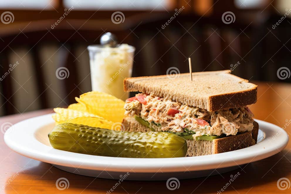 Tuna Salad Sandwich On Rye Bread Side Of Pickles Stock Illustration