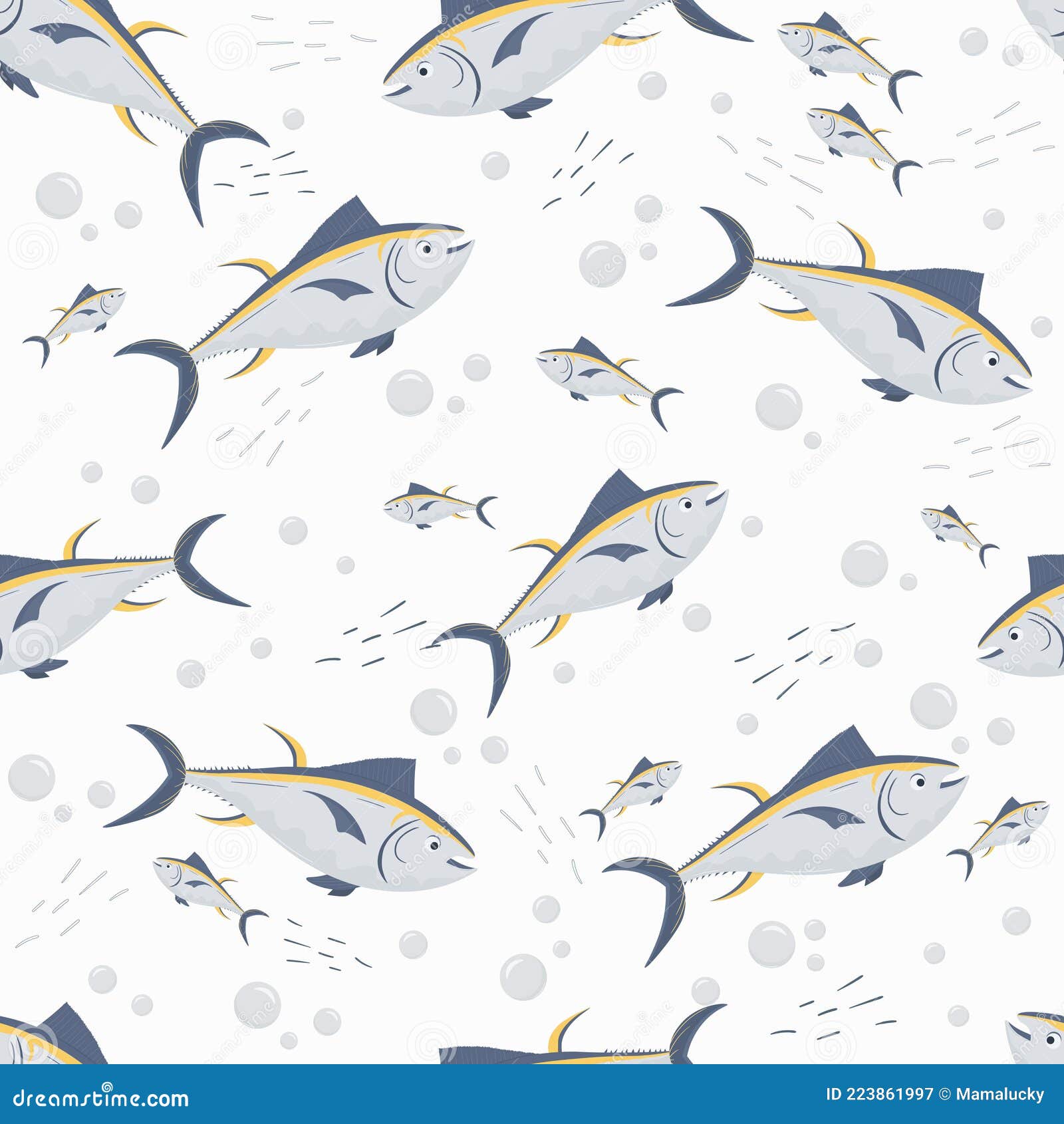 Tuna Seamless Pattern with Bubbles and Waves for Wrapping Paper and ...