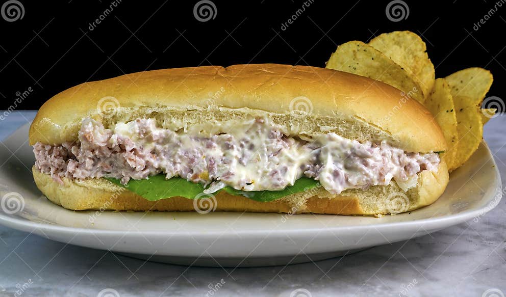 Tuna Sub Served with a Side of Potato Chips Stock Photo - Image of leaf ...