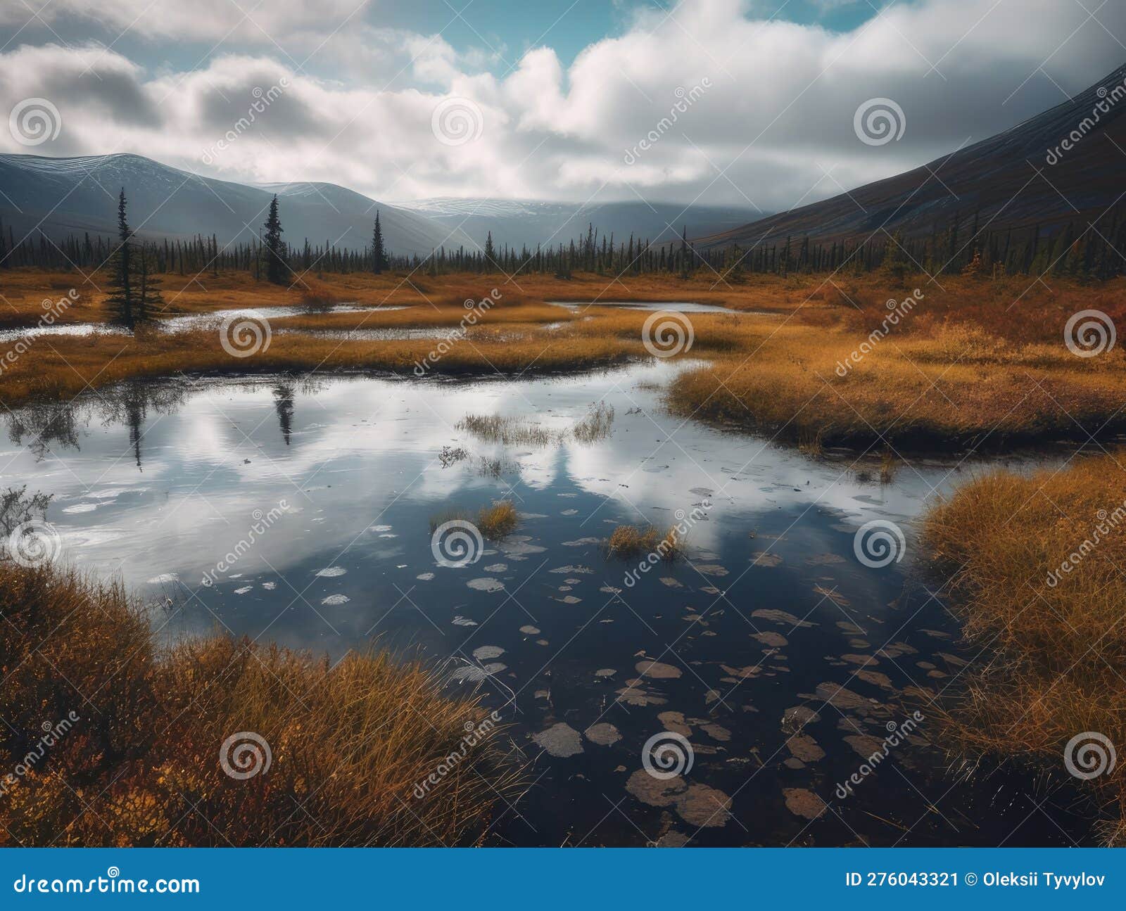 Tundra - Swampy Area Surrounded by Mountains. Stock Illustration ...