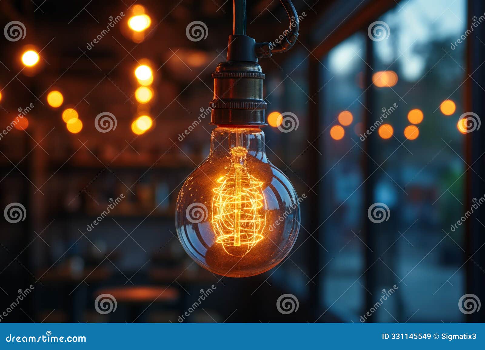 Tungsten Filament Light Bulb Shining in a Restaurant Stock Illustration ...