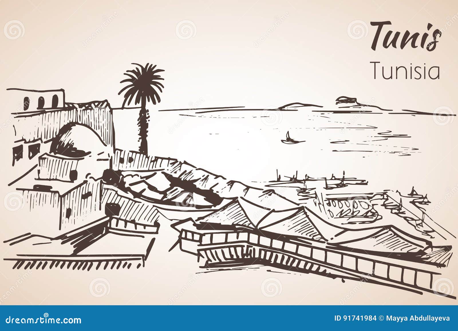 Tunisia Coastline Resort Sketch. Stock Vector - Illustration of ...