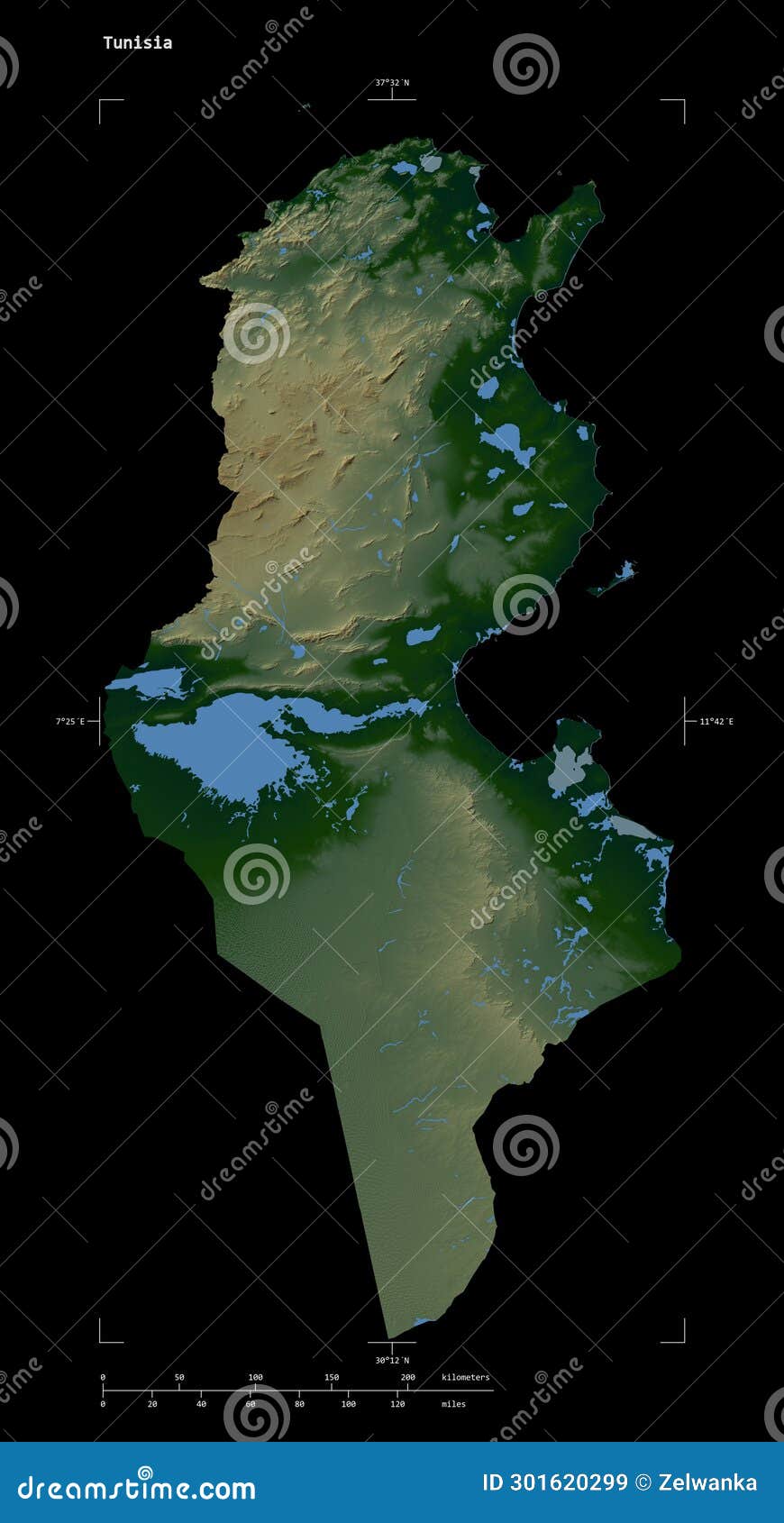 Tunisia Shape on Black. Physical Stock Illustration - Illustration of land, border: 301620299