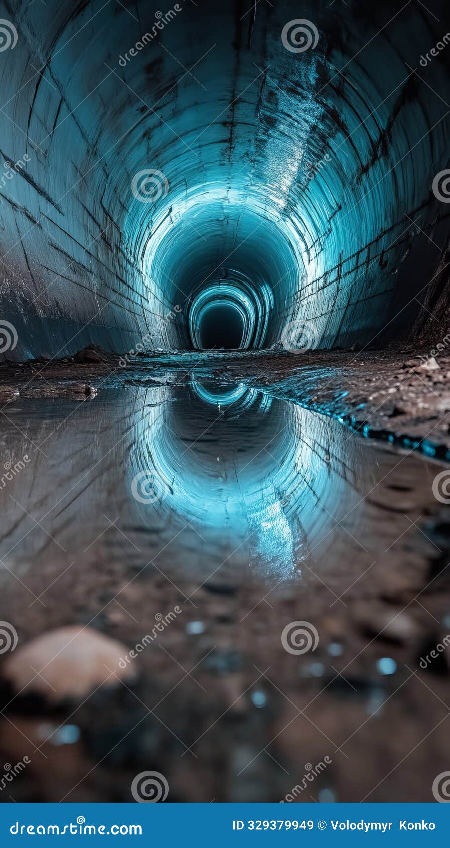 Tunnel with Blue Light Reflection in Water Puddle Stock Image - Image ...