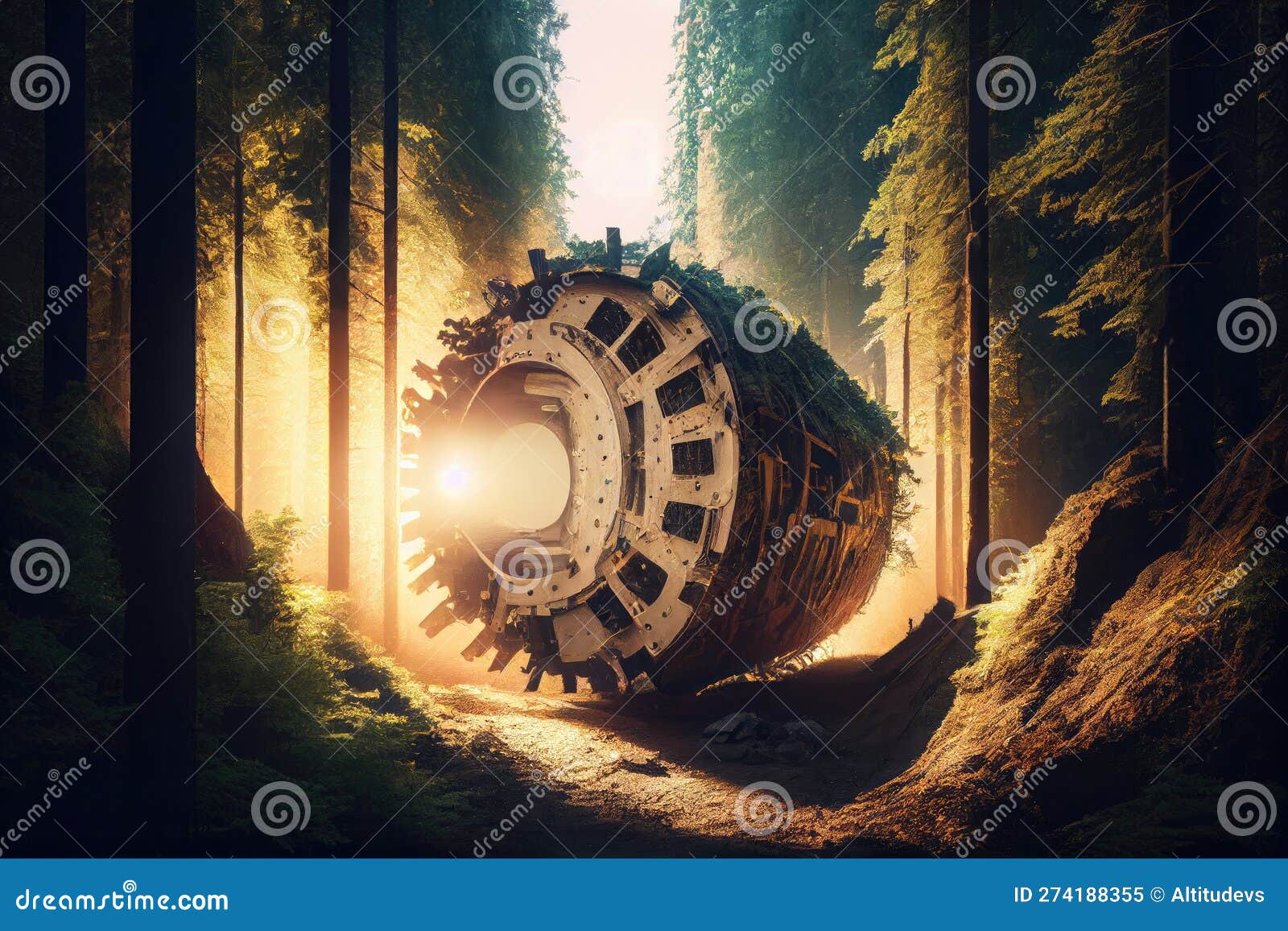 Tunnel Boring Machine Burrowing through Dense Forest, with Trees and ...