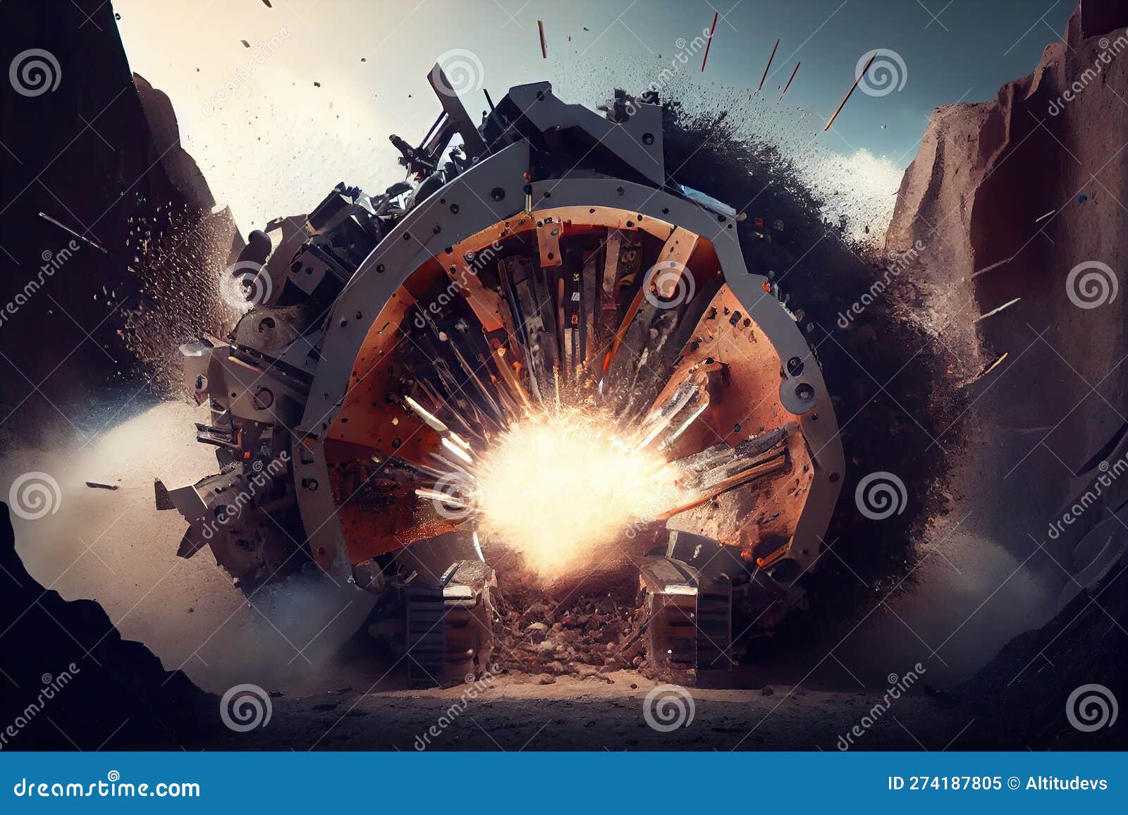 Tunnel Boring Machine Digging Its Way through Solid Rock, with Sparks ...