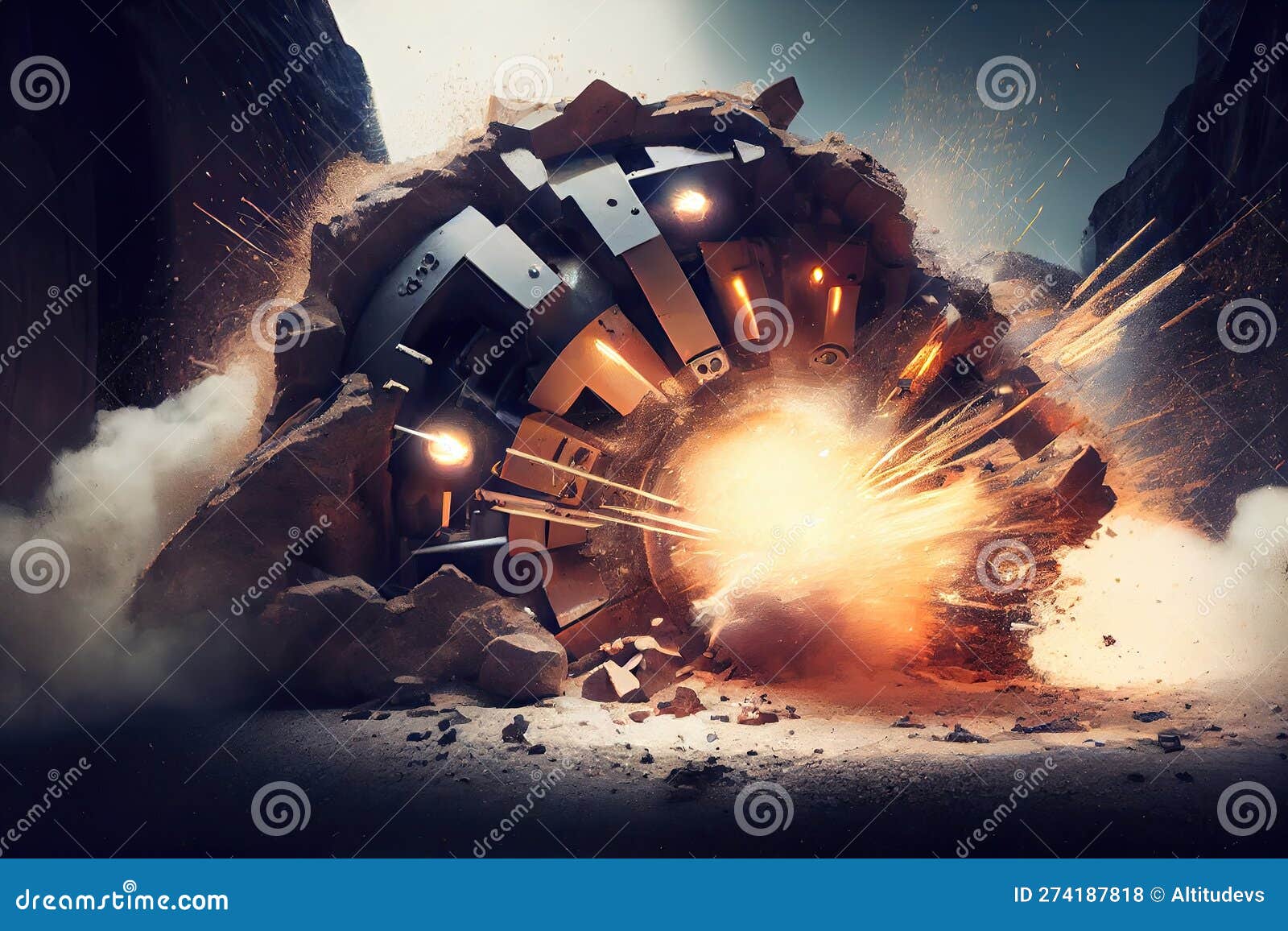 Tunnel Boring Machine Digging Its Way through Solid Rock, with Sparks ...