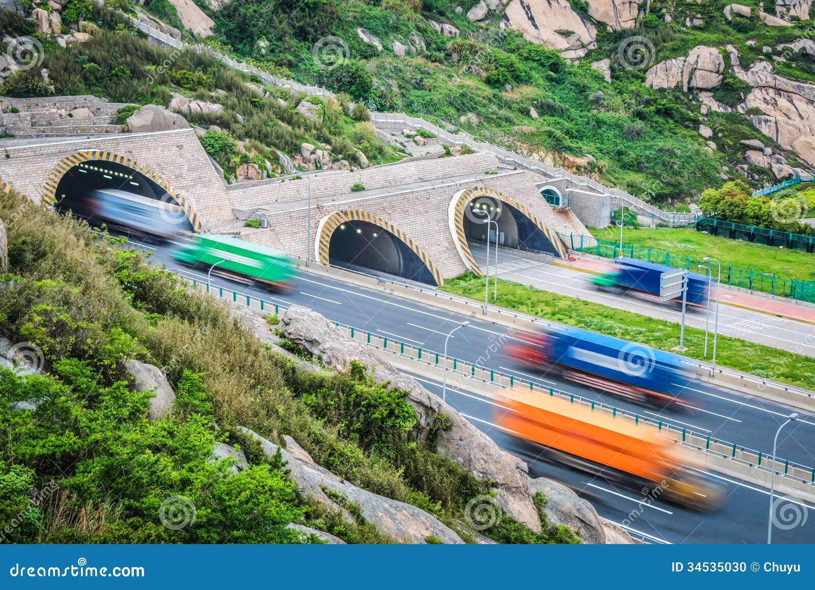 Tunnel with Container Trucks Stock Photo - Image of city, hill: 34535030