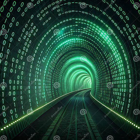 Endless Circuit: a Tunnel of Glowing Binary Code and Shifting Digital Patterns Stock ...
