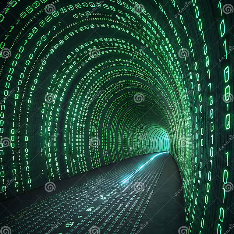 Endless Circuit: a Tunnel of Glowing Binary Code and Shifting Digital Patterns Stock ...