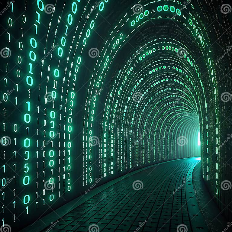 Endless Circuit: a Tunnel of Glowing Binary Code and Shifting Digital Patterns Stock ...
