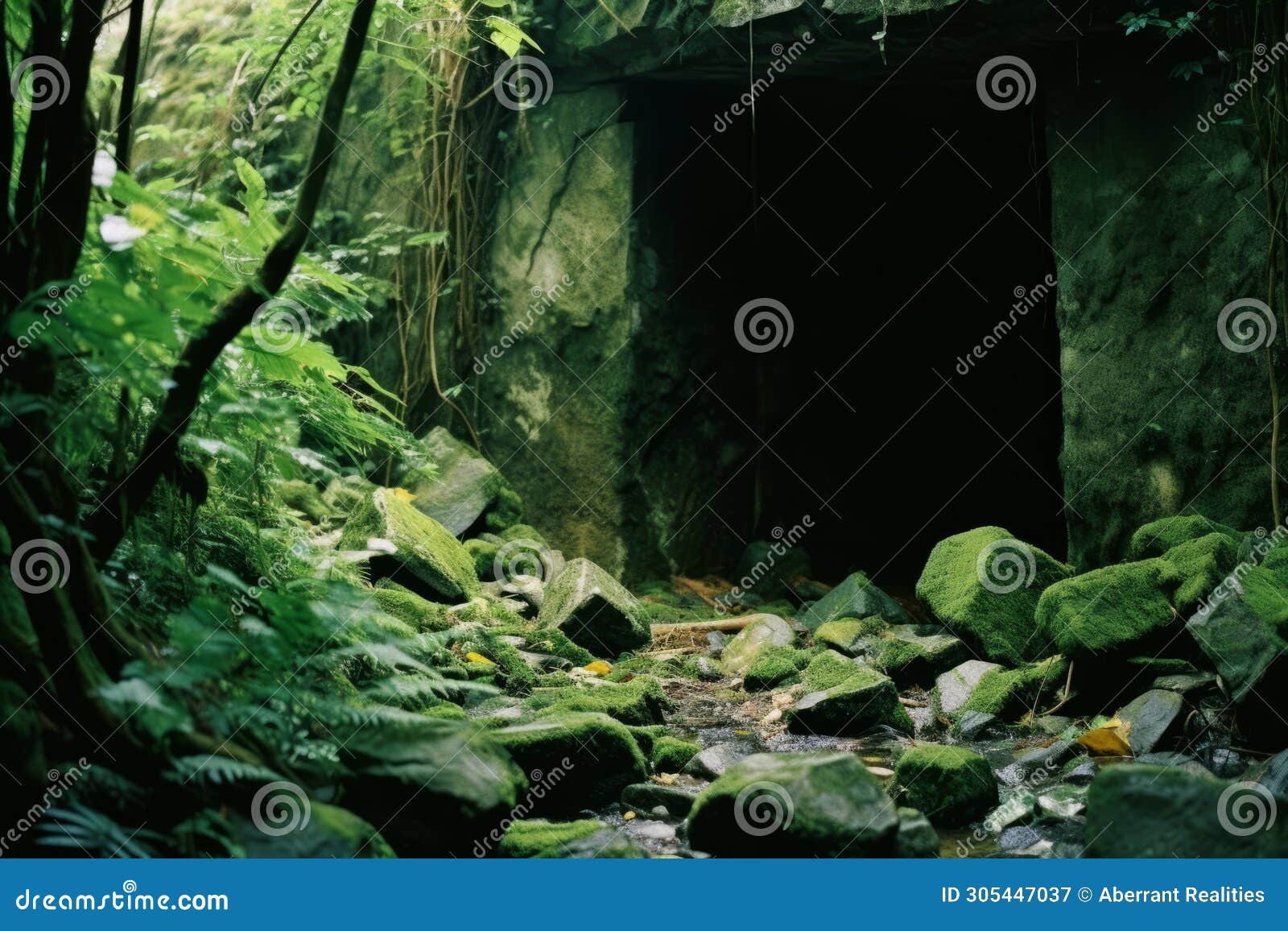 A Tunnel in the Jungle with Rocks and Moss Stock Illustration ...