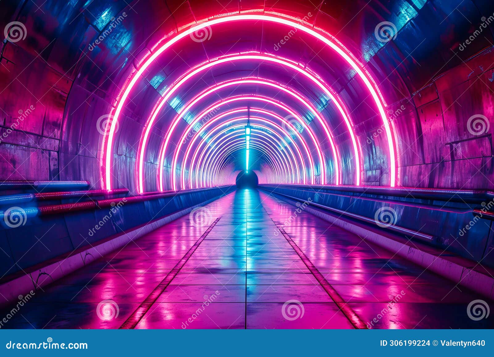 Tunnel with Lighted Pathway and Neon Lights Surrounding it. Generative ...