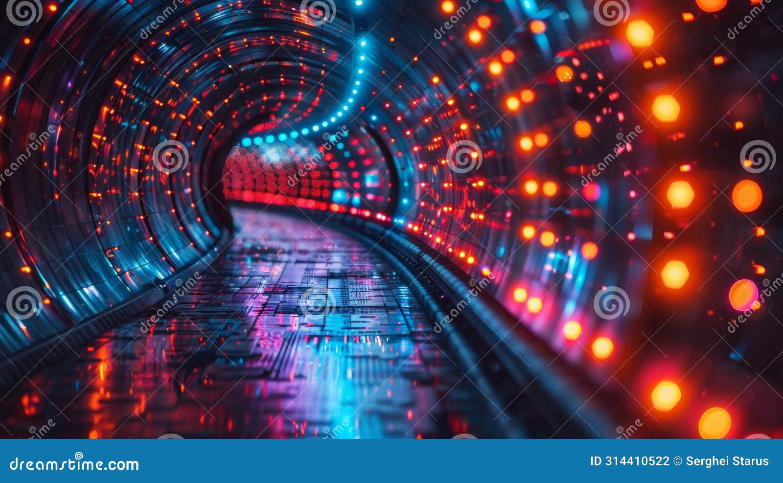 A Tunnel with Lights and a Lighted Path Inside of it, AI Stock Photo - Image of reflection ...