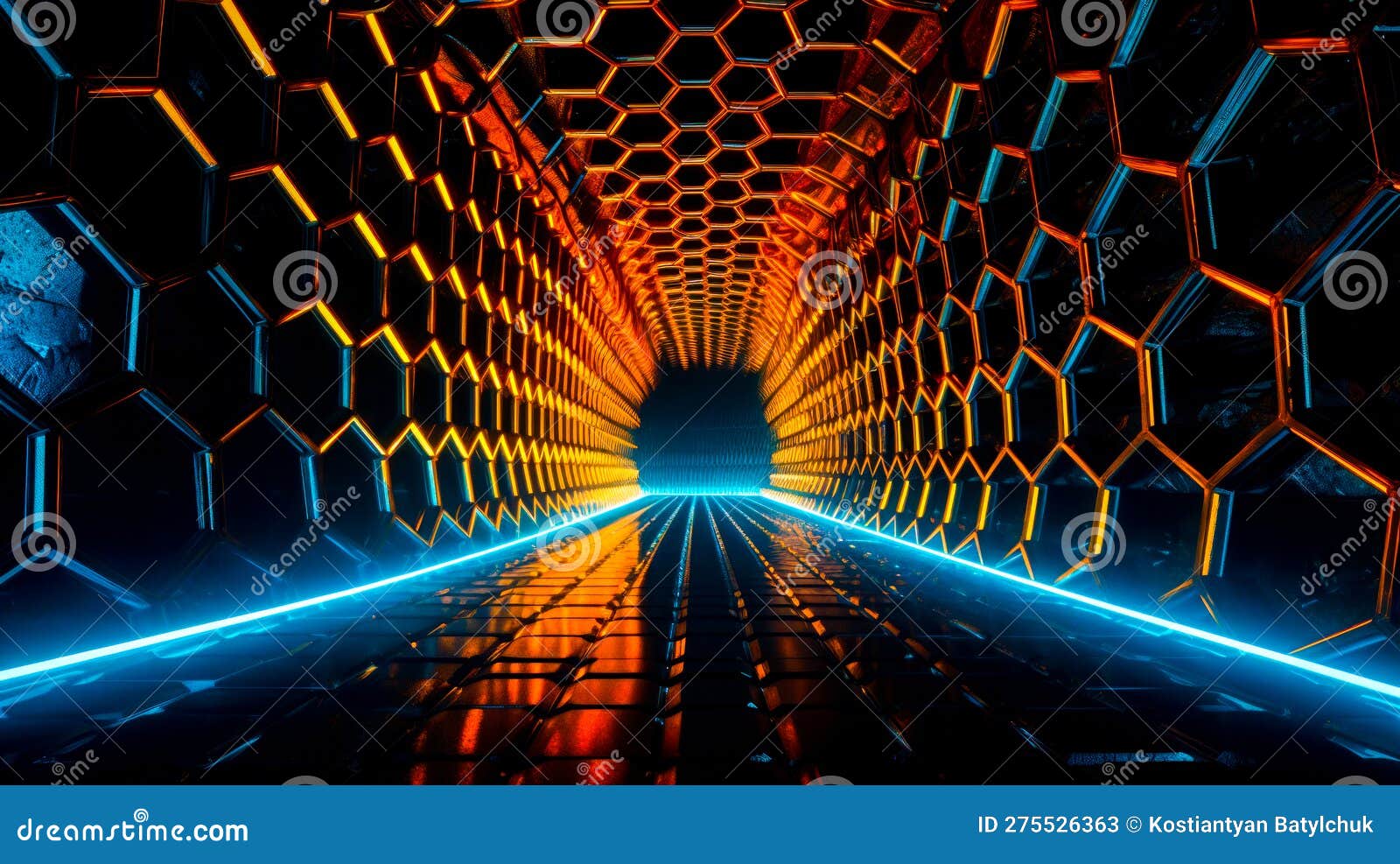 Tunnel with Neon Lights and Hexagonal Shapes in the Middle of it ...