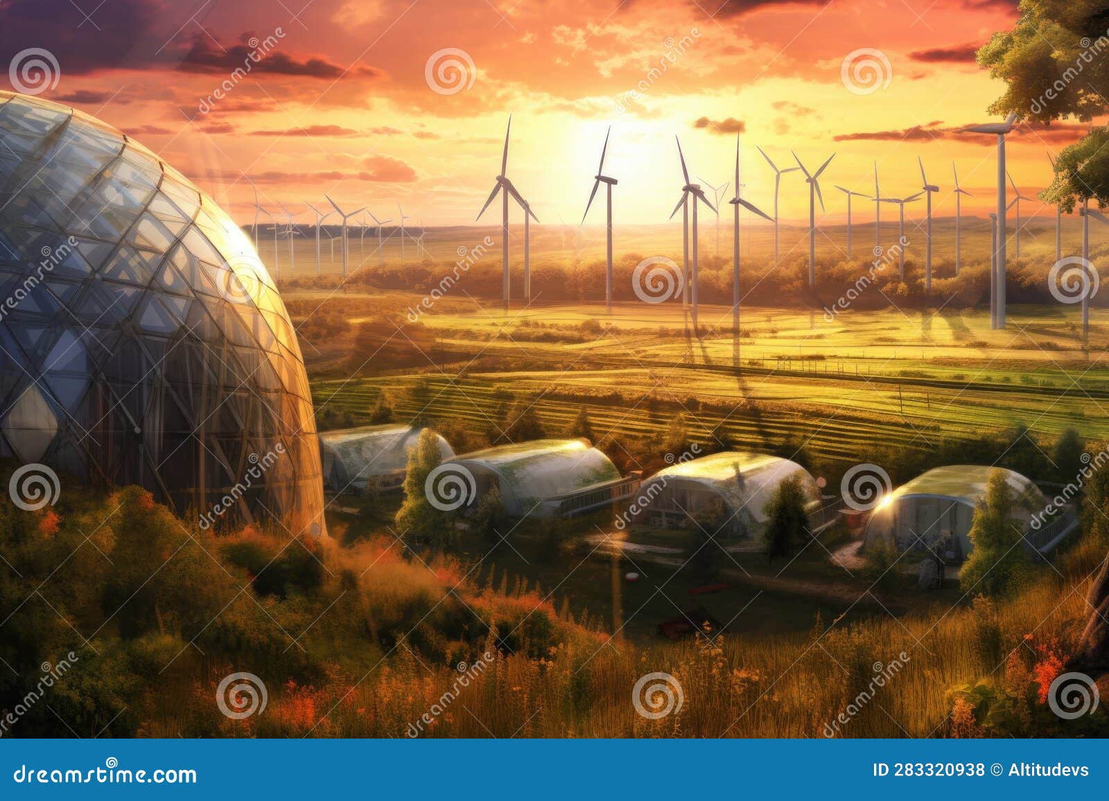 Turbine Farm with Electric Grid in Background Stock Illustration ...