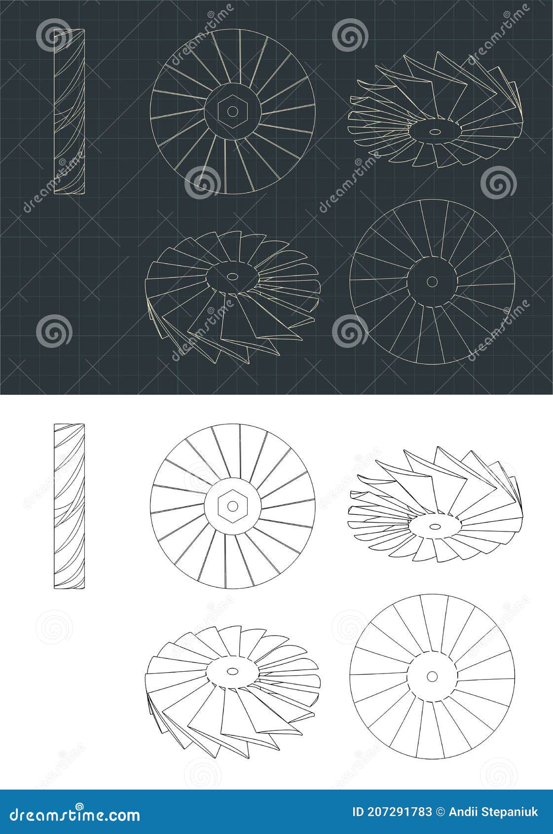 Turbine rotor drawings stock vector. Illustration of blueprint - 207291783