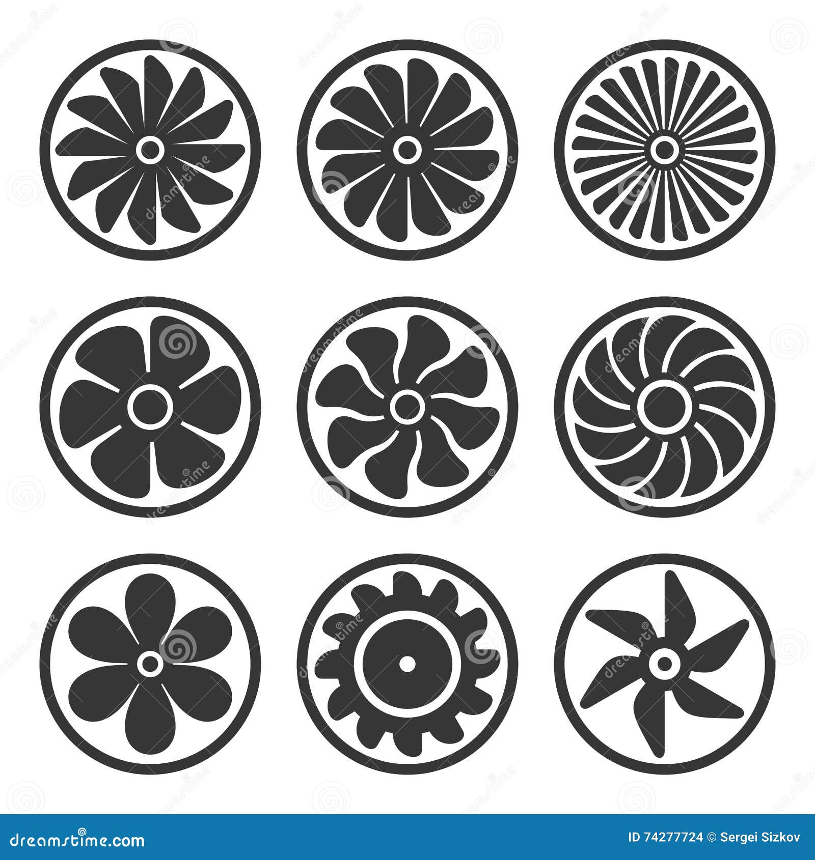 Turbines and Fan Icons Set. Turbojet Engine Power Stock Vector ...
