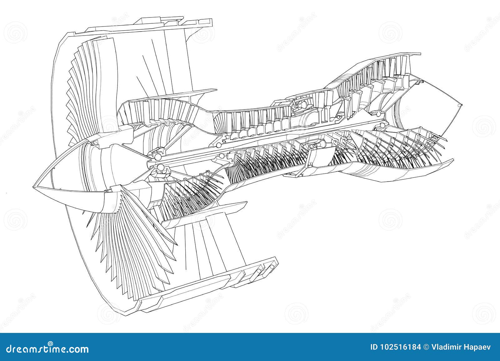 Turbo Jet Engine Aircraft. Vector Line Illustration. Stock Vector ...