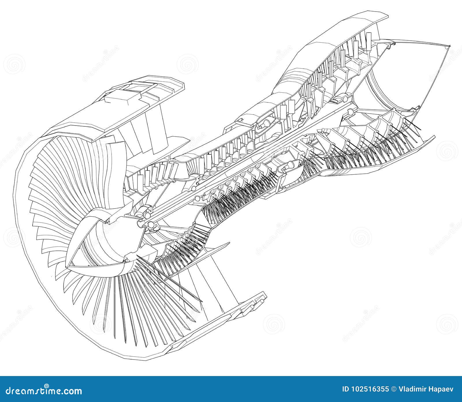 Turbo Jet Engine Aircraft. Vector Line Illustration. Stock Illustration ...
