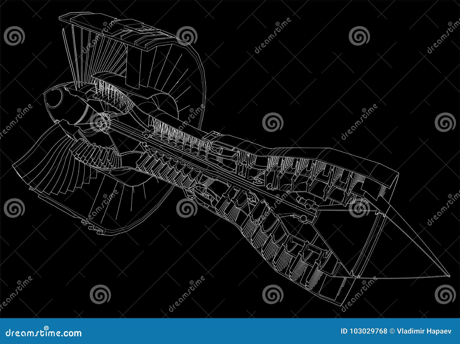 Turbo Jet Engine Aircraft. Vector Line Illustration. Stock Vector ...