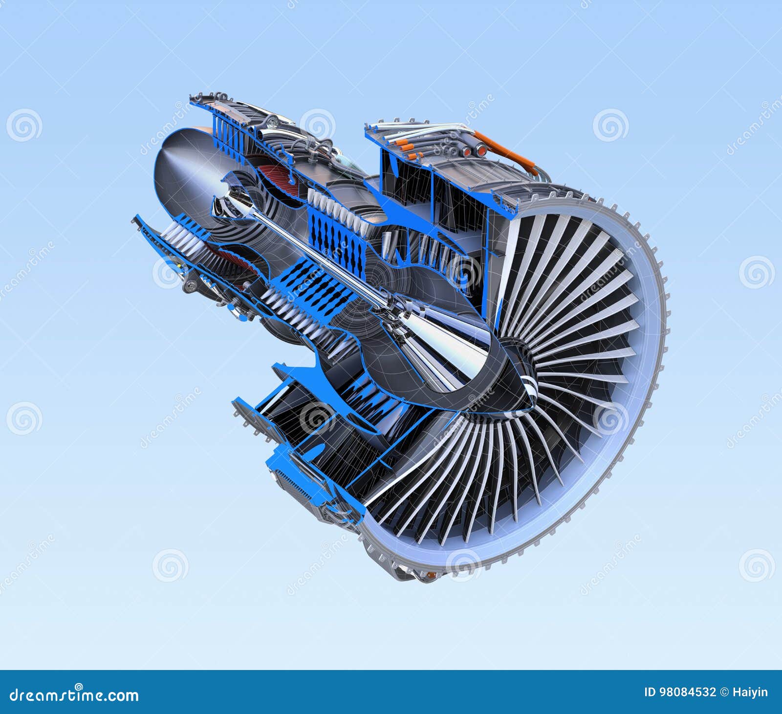 Turbofan Jet Engine`s Cross Section Wireframe Isolated on Blue ...
