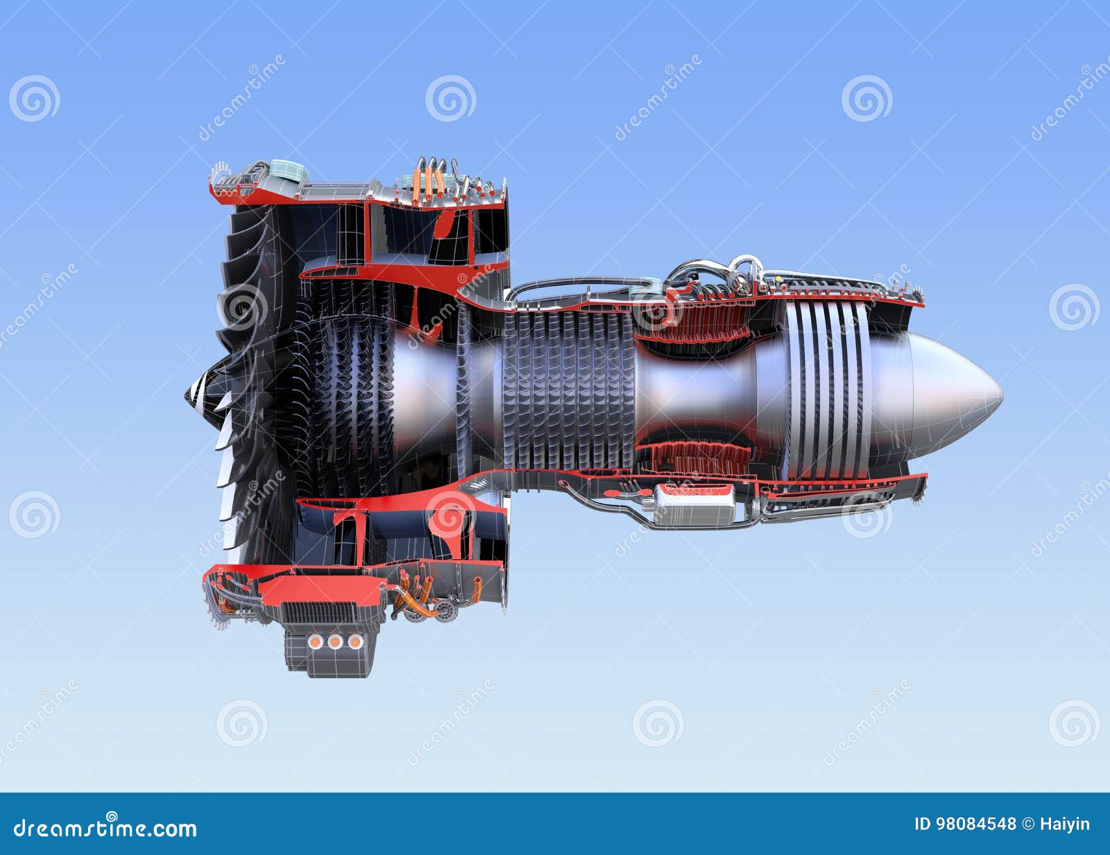 Turbofan Jet Engine`s Cross Section Wireframe Isolated on Blue ...