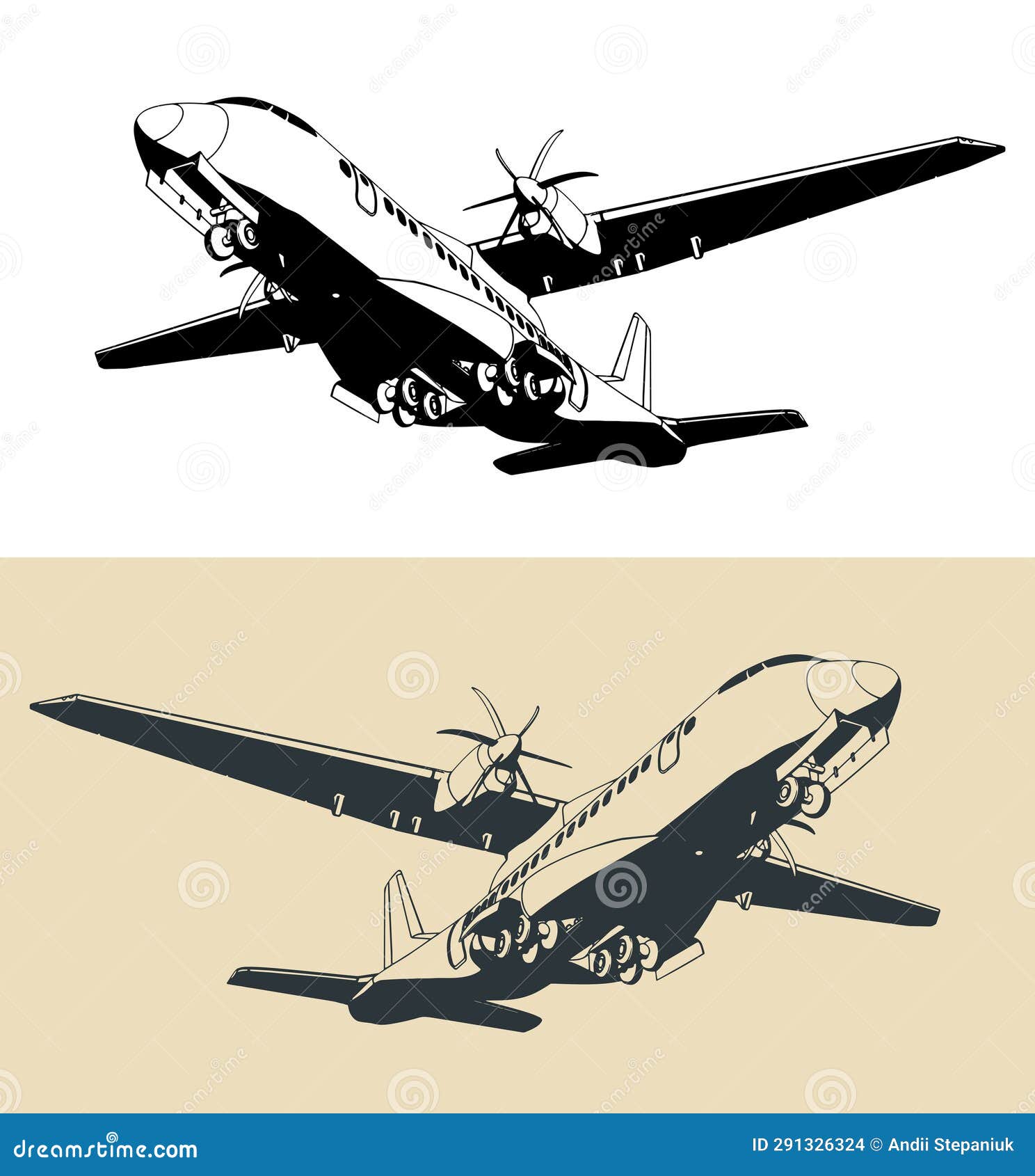Turboprop Transport Aircraft Illustrations Closeup Cartoon Vector ...