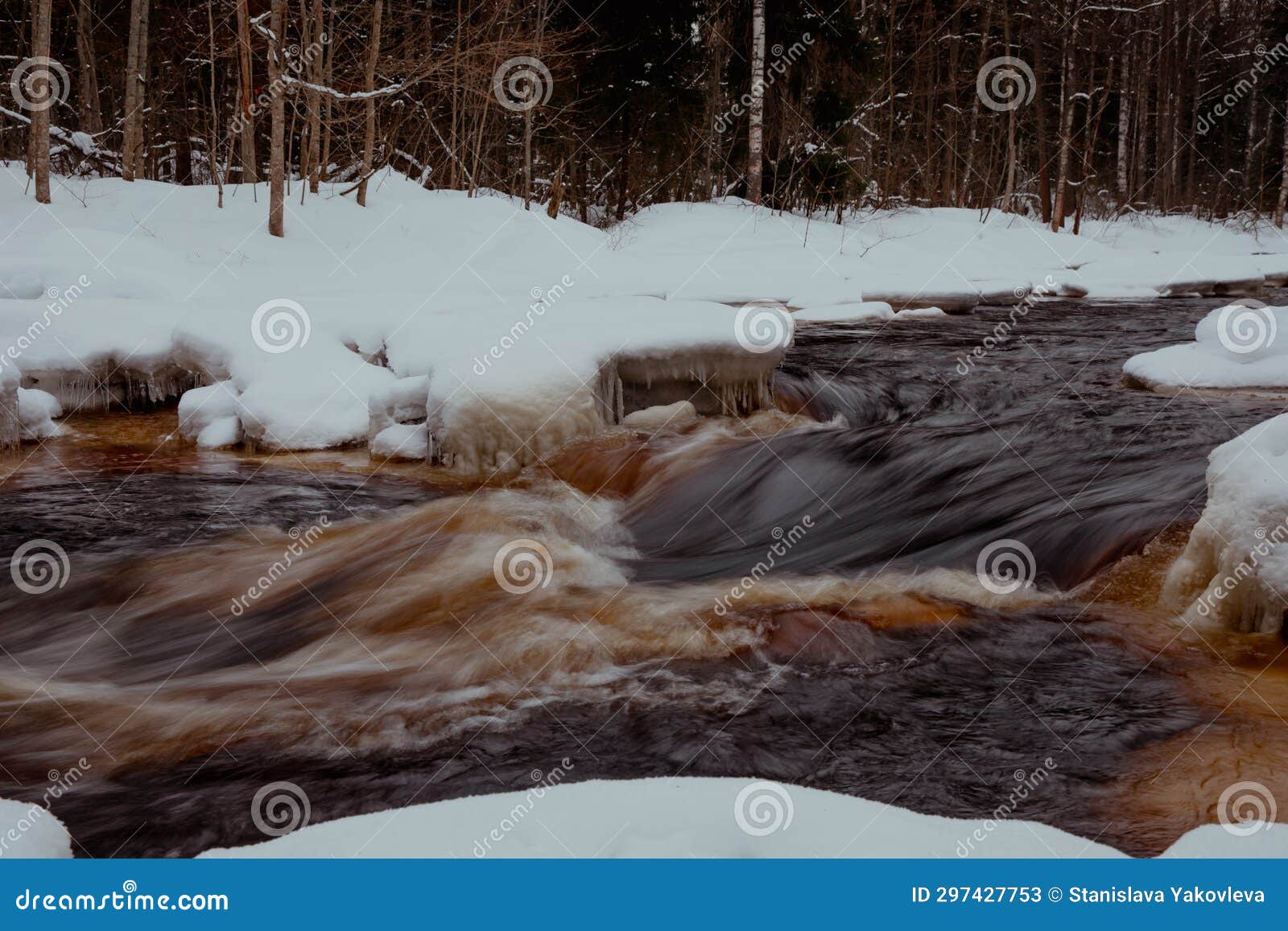 Turbulent River Flows among the Winter Forest Stock Image - Image of ...