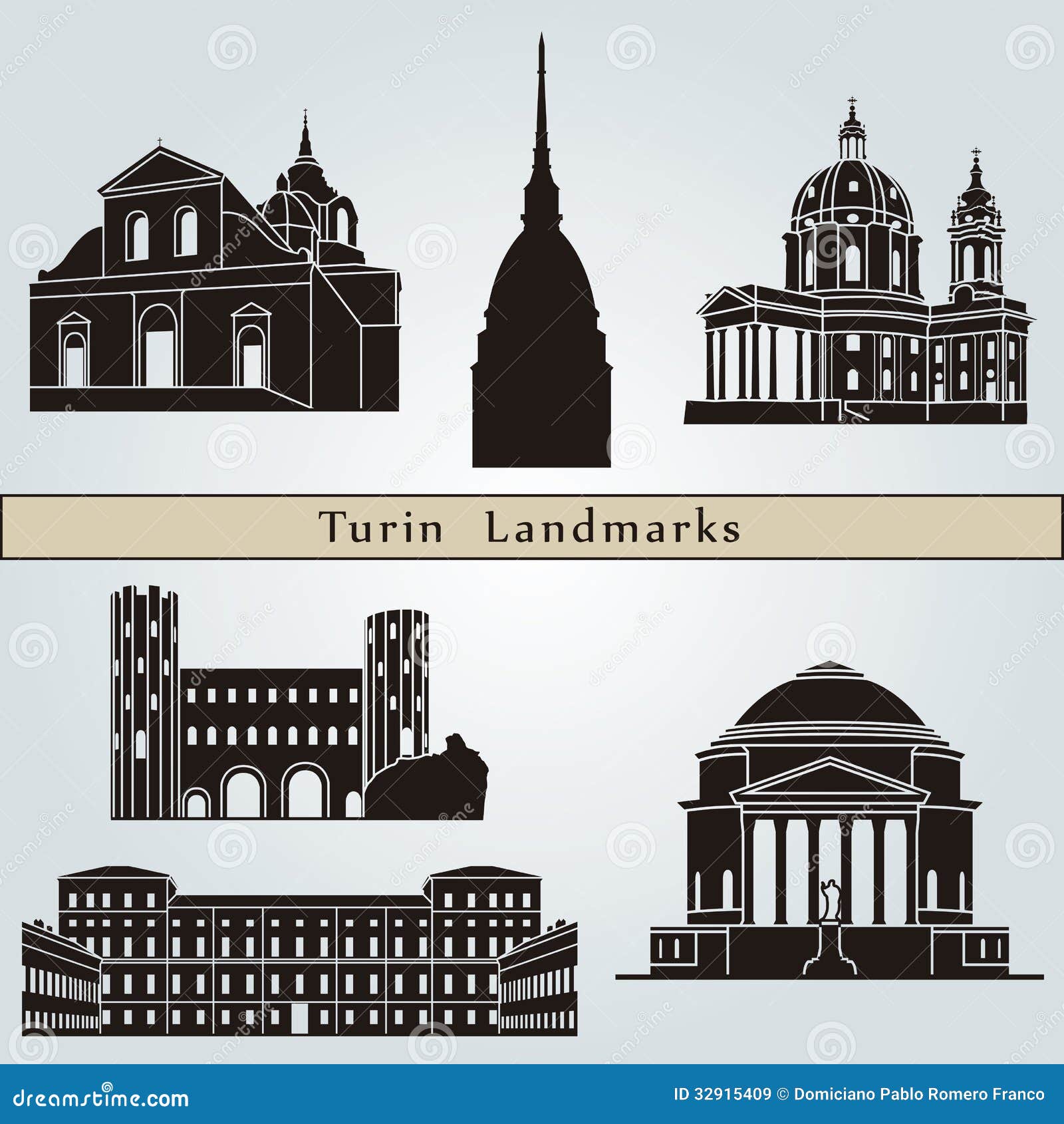 Turin Landmarks and Monuments Isolated Stock Vector - Illustration of ...