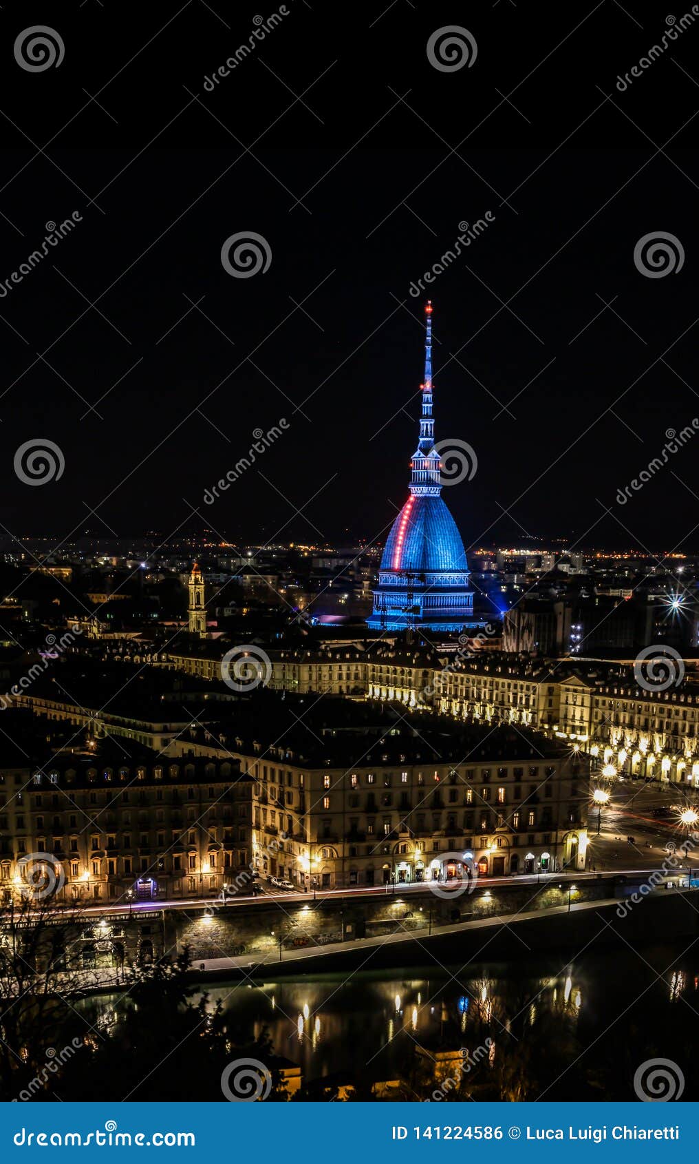 Turin, Night Panorama With River Po And Mole Antonelliana Royalty-Free ...