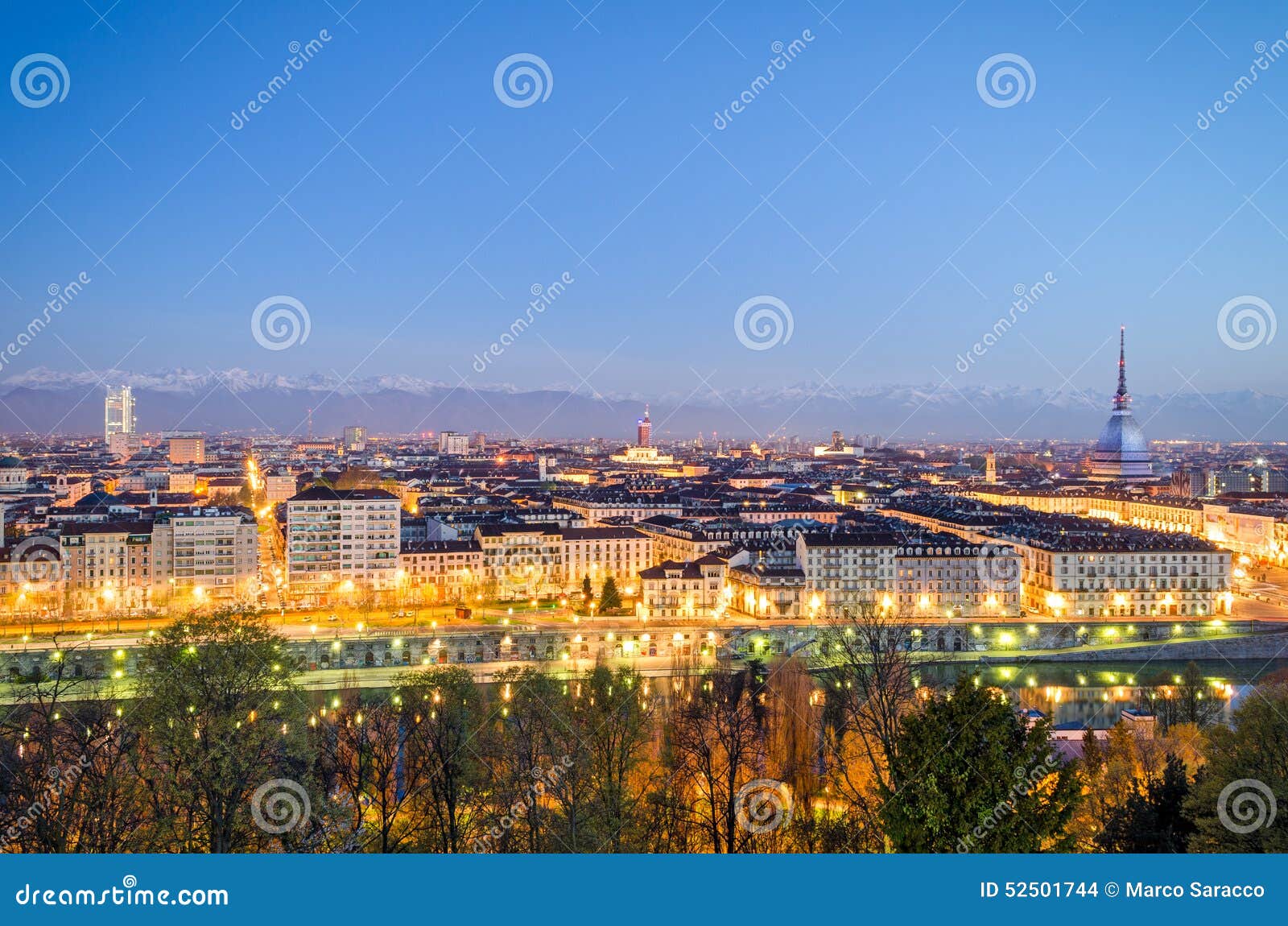 Turin (Torino), Panorama at Blue Hour Stock Photo - Image of piazza ...