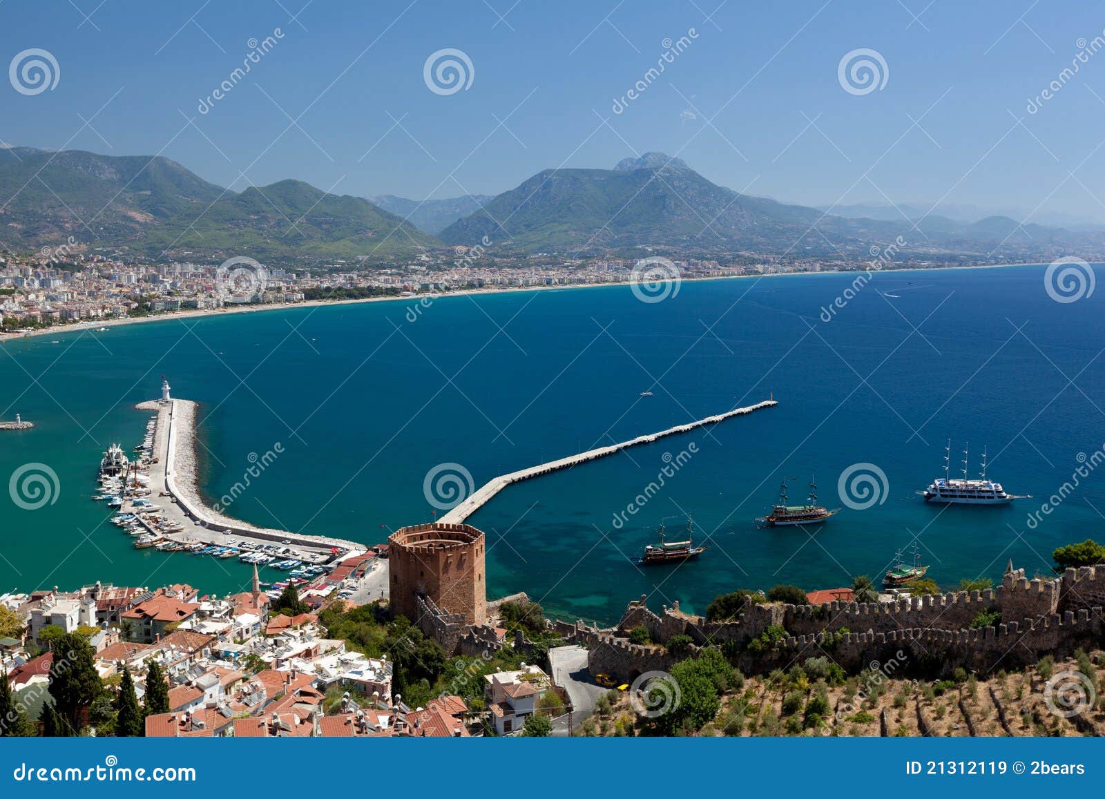Turkey, Alanya - Red Tower and Harbor Stock Image - Image of marina ...