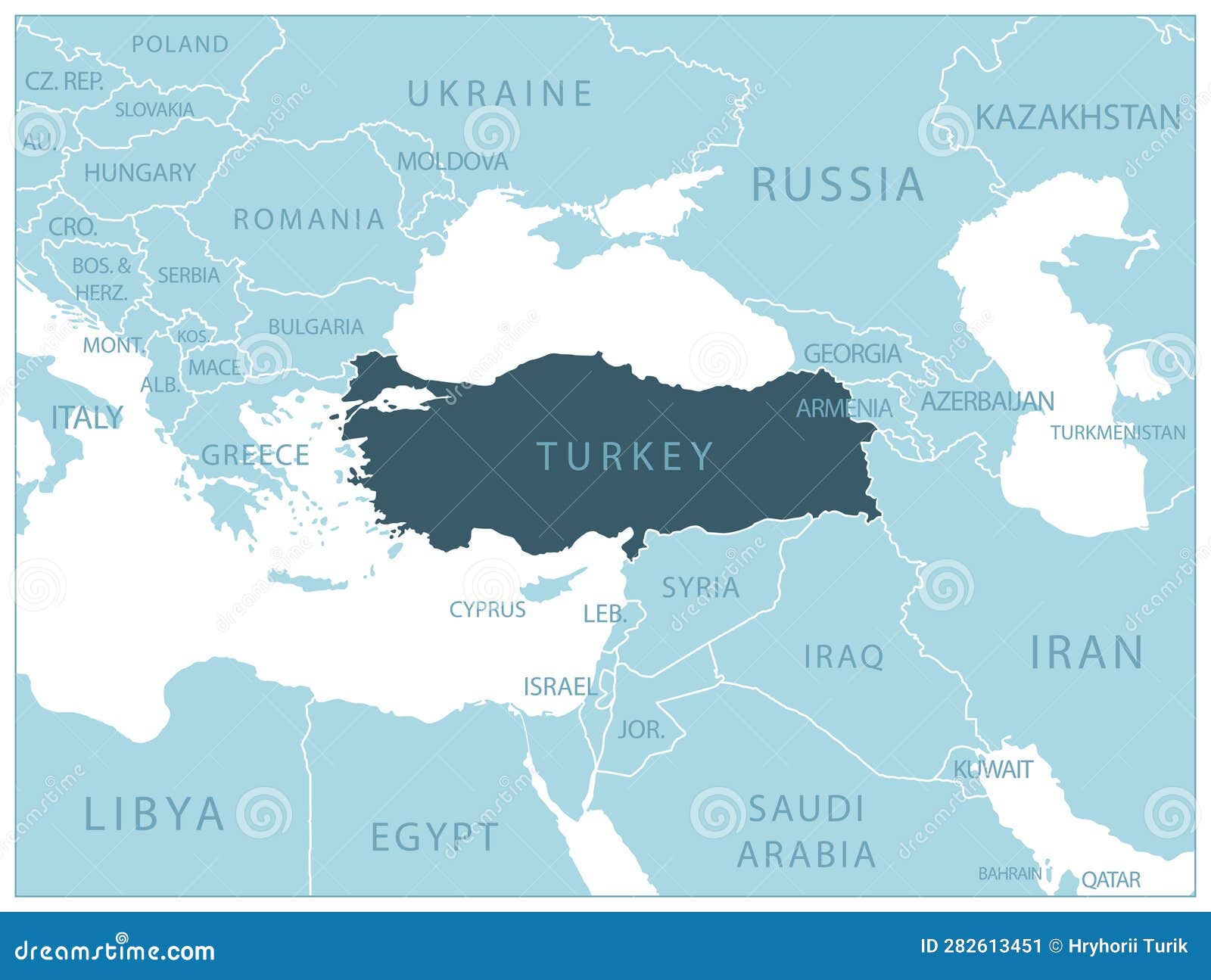 Turkey - Blue Map with Neighboring Countries and Names Stock ...