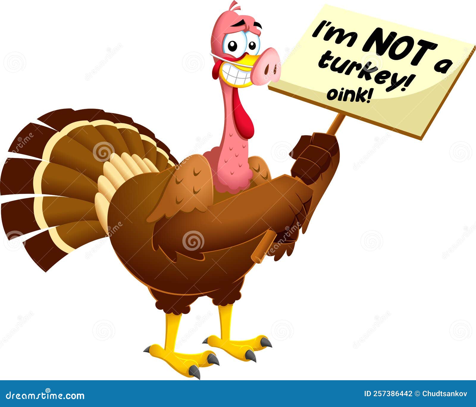 Scared Turkey Cartoon Characters Masked As a Pig Holds a Sign with an ...