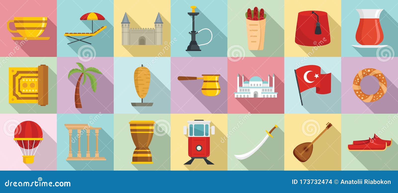 Turkey Country Icons Set, Flat Style Stock Vector - Illustration of ...