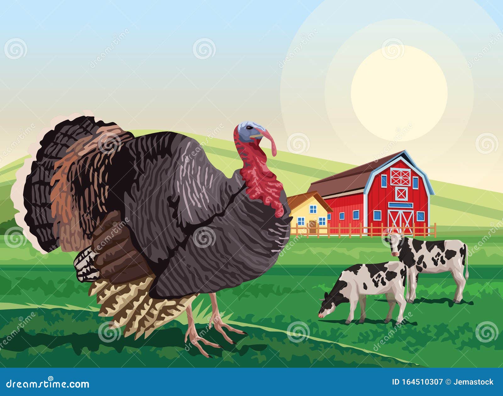 Turkey and Cows in the Landscape Scene Stock Vector - Illustration of ...