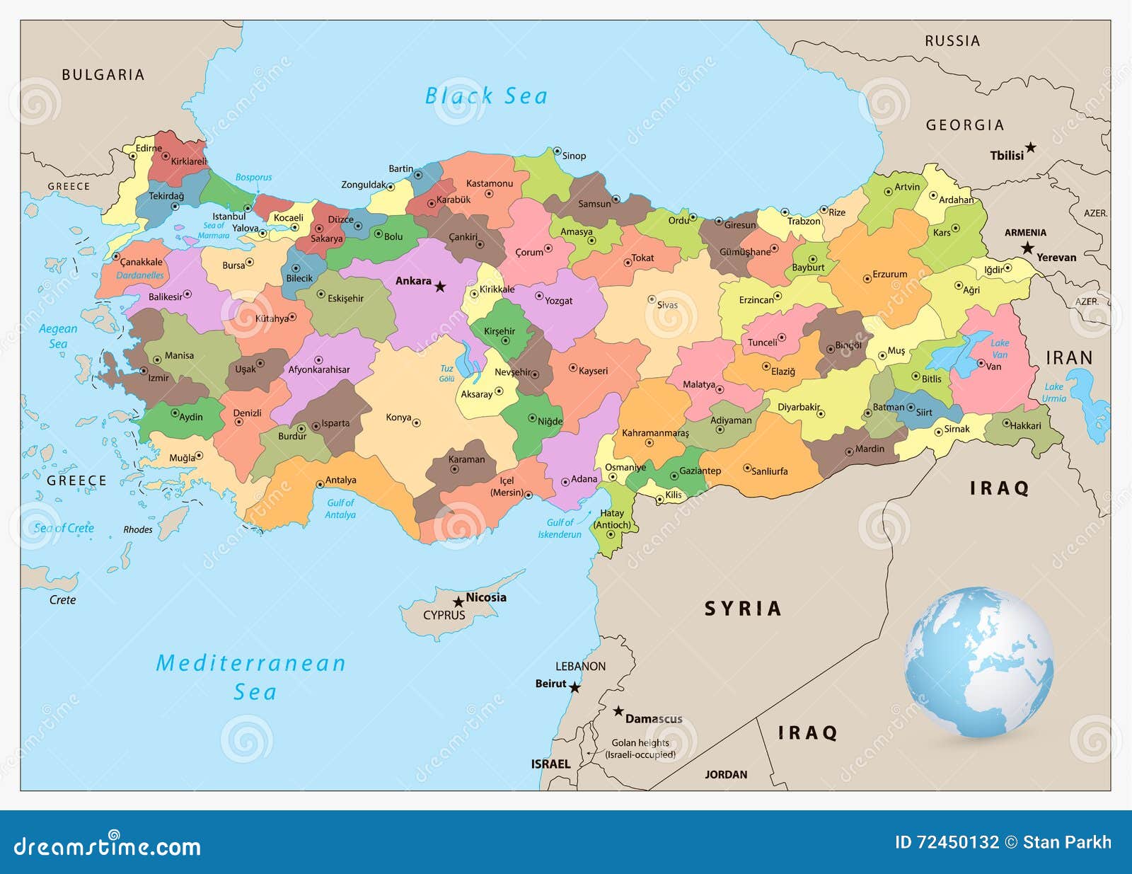 Turkey Detailed Administrative Map Stock Vector - Illustration of globe ...