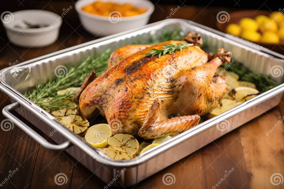 Turkey in a Disposable Roasting Pan with Herbs Stock Photo - Image of ...