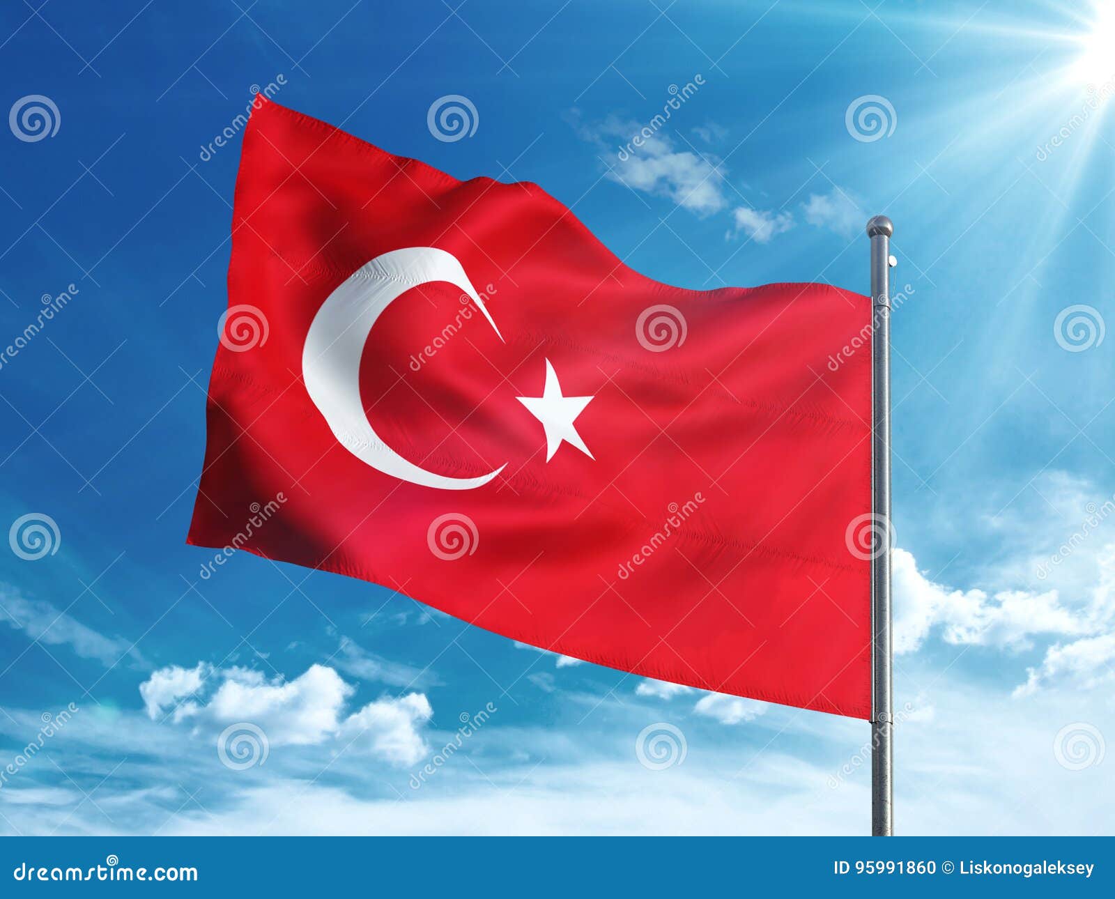 Turkey Flag Waving in the Blue Sky Stock Illustration - Illustration of ...