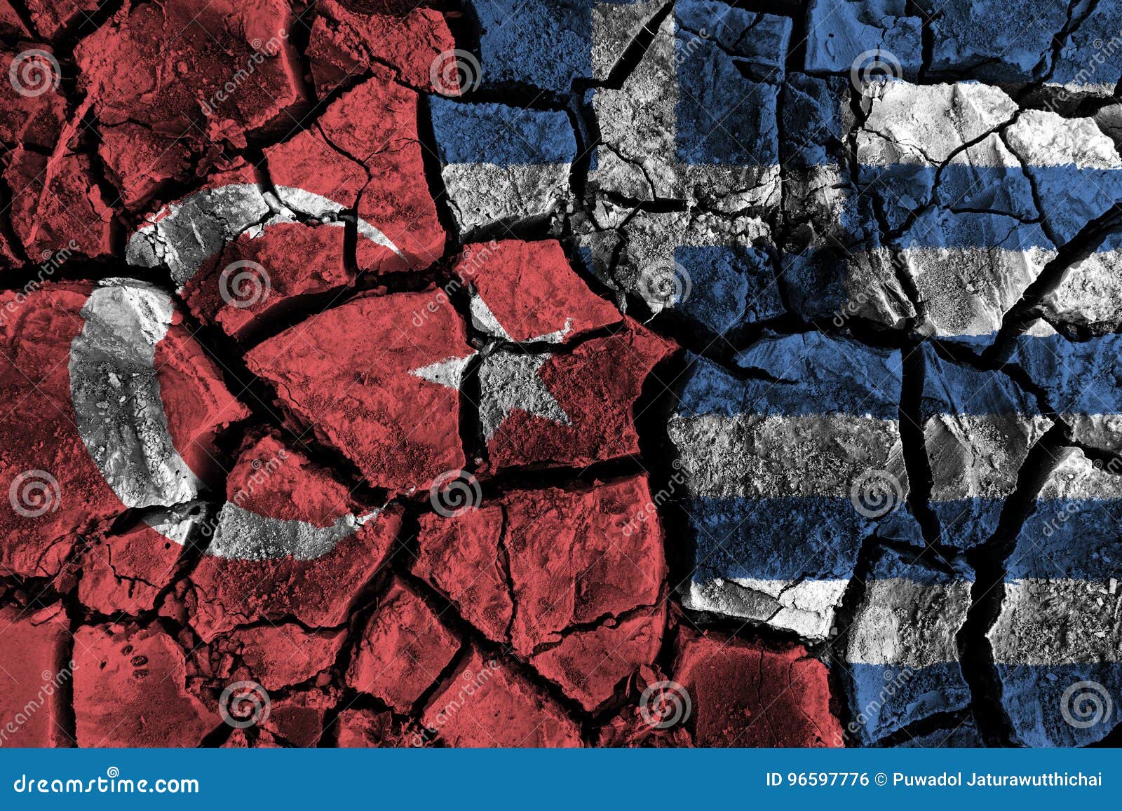 Turkey and Greece Flag on Cracked Ground . Confliction and Crisis ...
