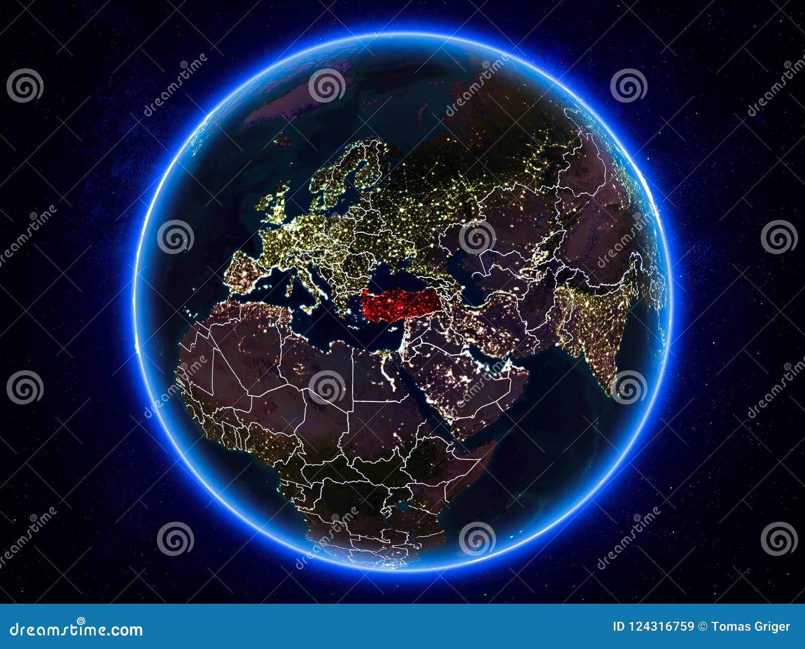 Turkey on Earth from Space at Night Stock Illustration - Illustration ...