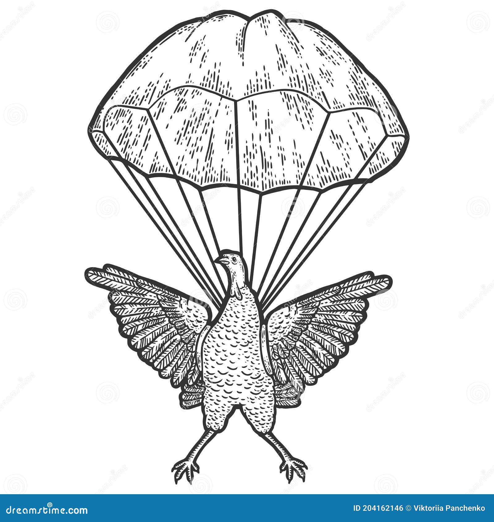 Turkey is Hovering in a Parachute. Engraving Raster Illustration Stock ...