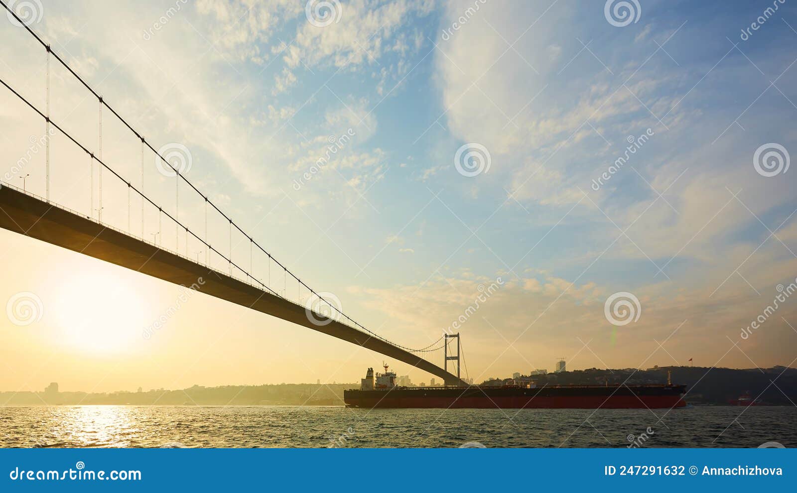 Turkey, Istanbul, Bosphorus Channel, Bosphorus Bridge, an Cargo Ship ...