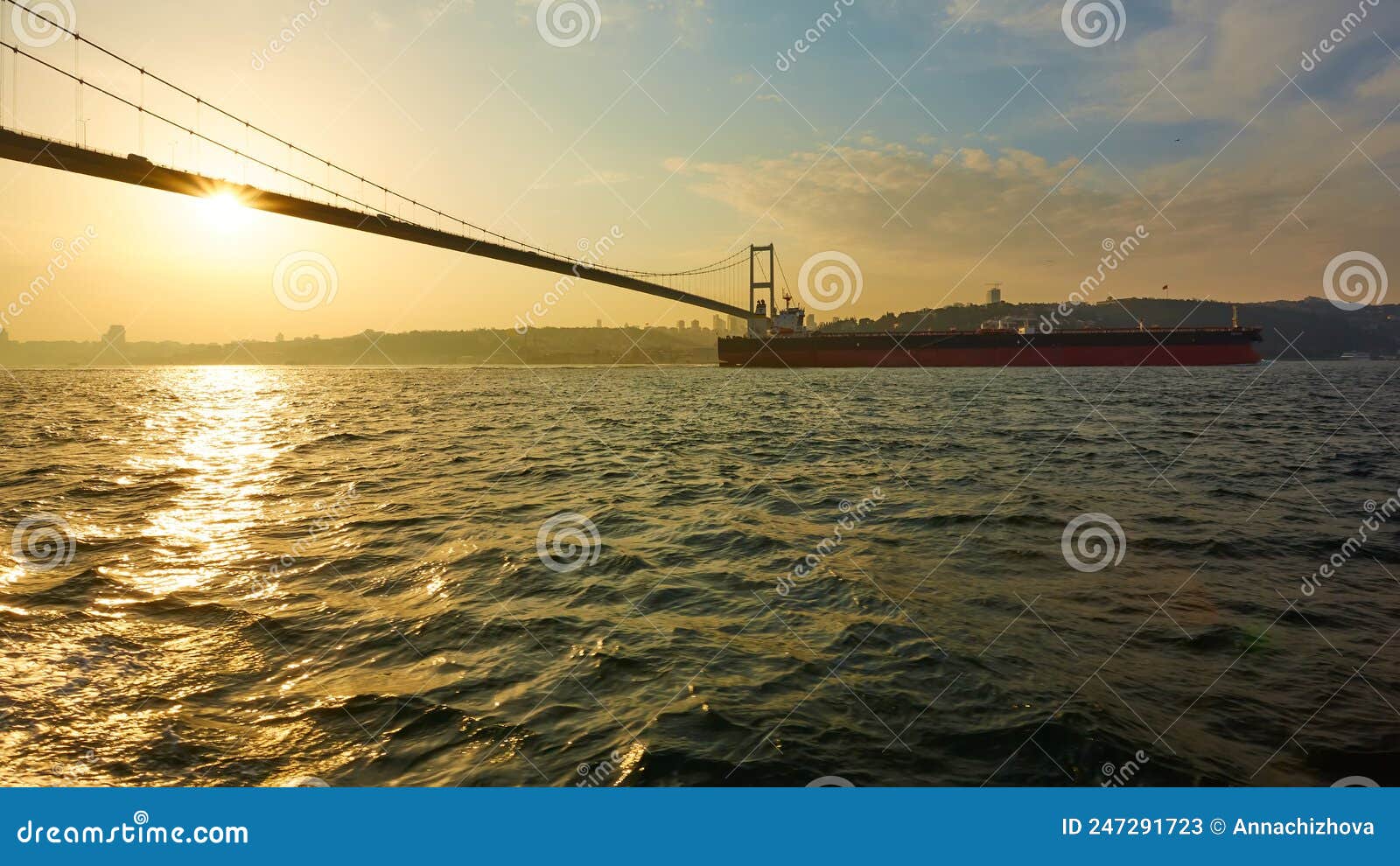 Turkey, Istanbul, Bosphorus Channel, Bosphorus Bridge, an Cargo Ship ...